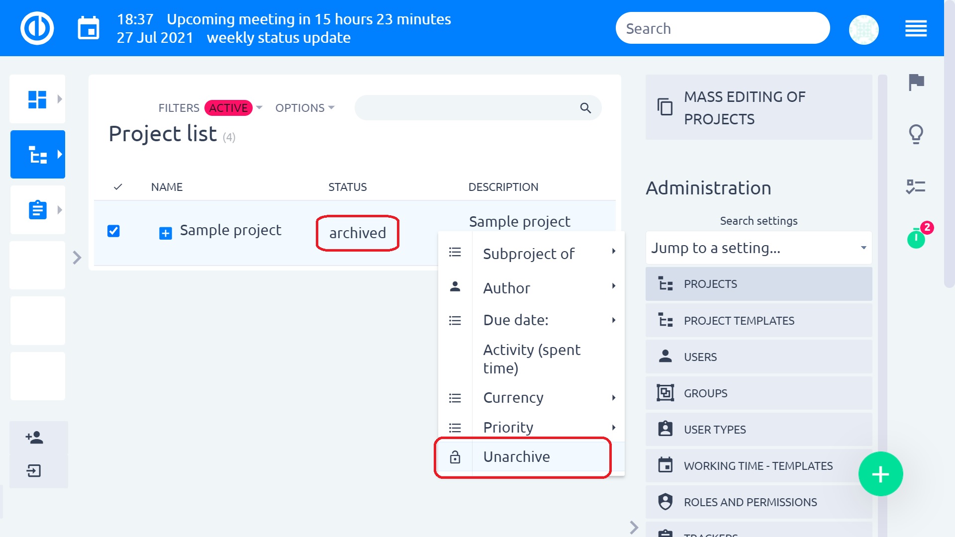 Archiving and unarchiving projects - Easy Redmine